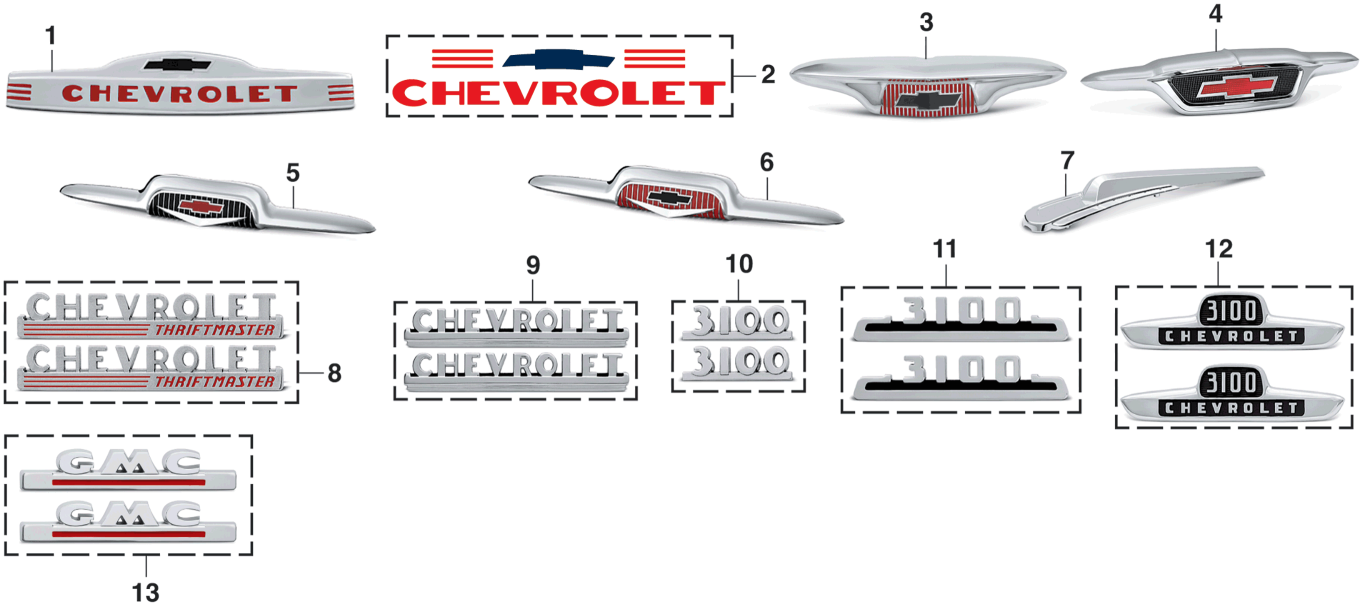 1947-57 Chevy & GMC Hood Emblems, Ornaments & Side Emblems - LMC Truck