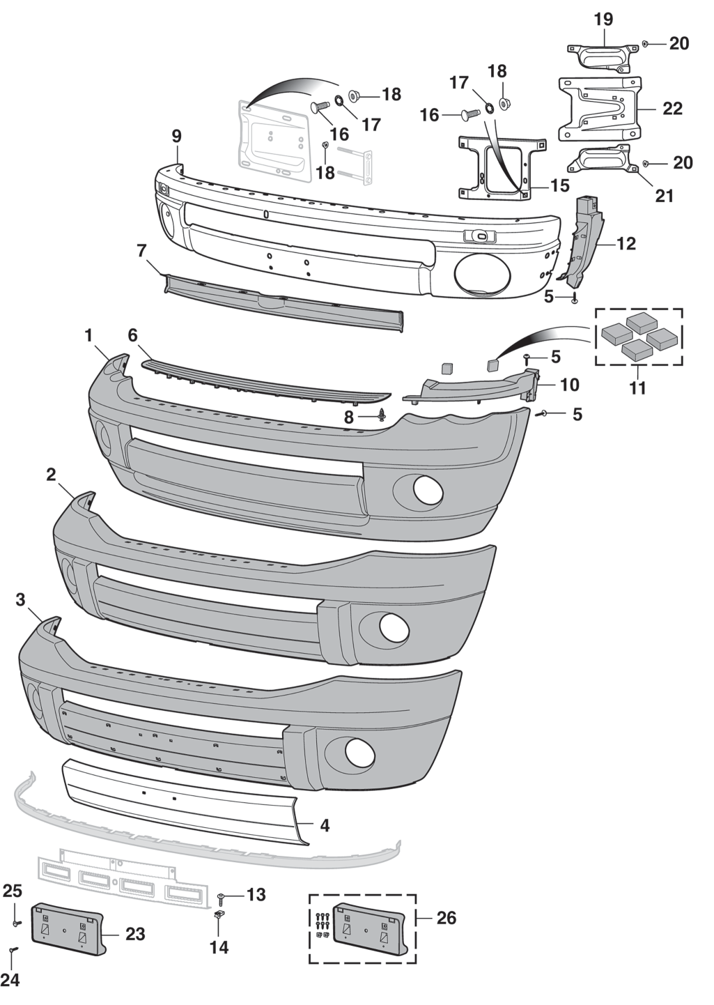 Front Bumper & Components for 2002-08 Ram 1500, 2003-09 Ram 2500/3500 ...