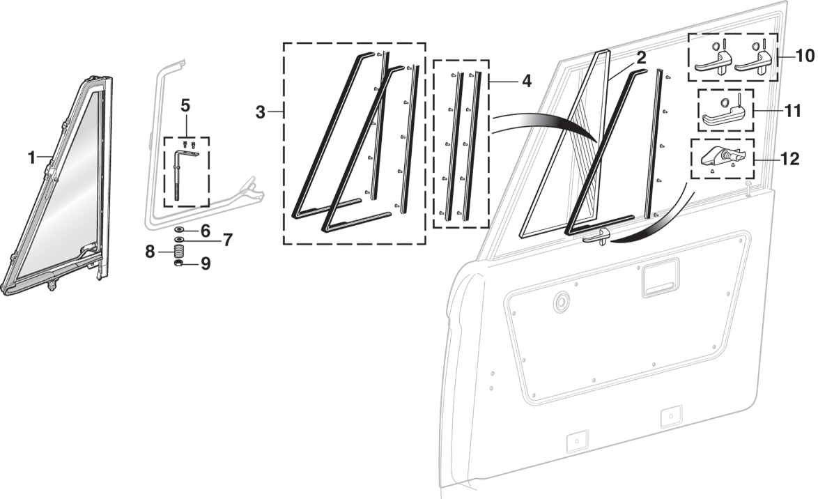 1966-77 Ford Bronco Vent Window Components – Glass, Seals & Hardware ...
