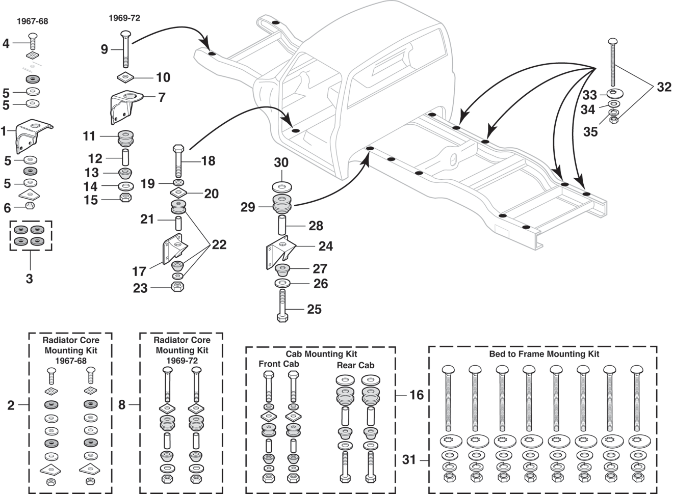 Radiator Core Support, Cab & Bed Mounting Hardware - 1967-72 Chevy ...